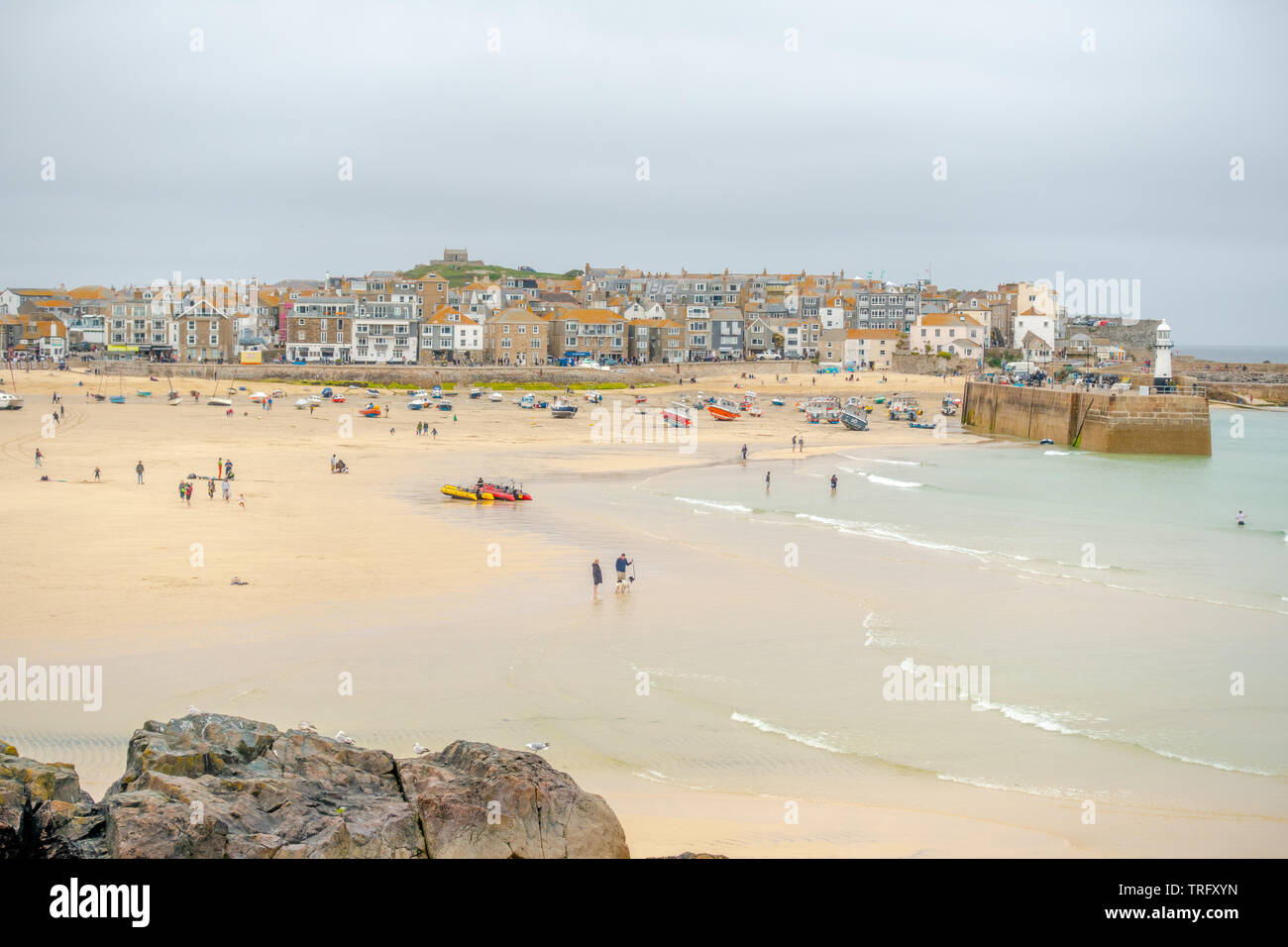 View of St Ives in Cornwall including the sandy beach, coastline and ...