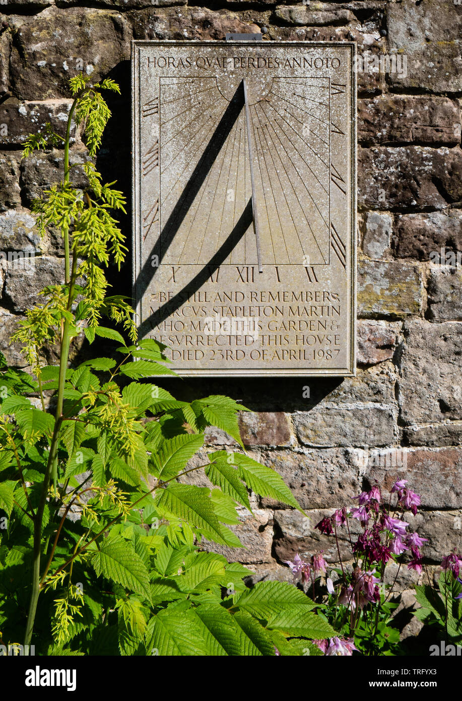 Sundial in the parterre garden of Norbury Manor in Derbyshire ...