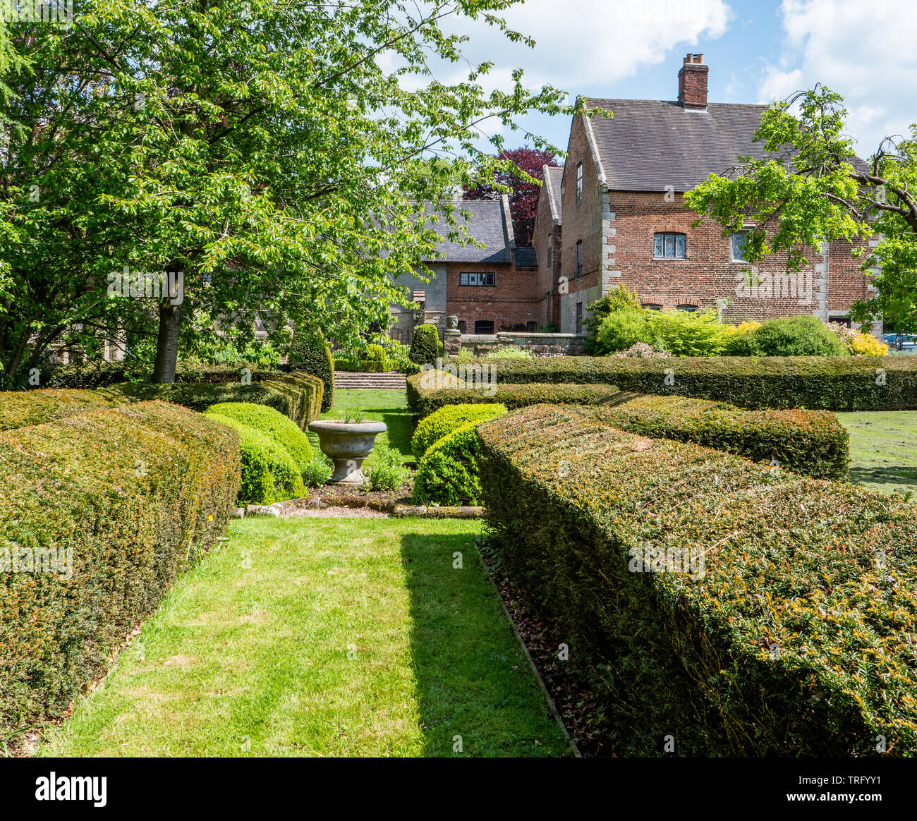 Formal gardens with grass walk and clipped hedges at Norbury Manor in ...