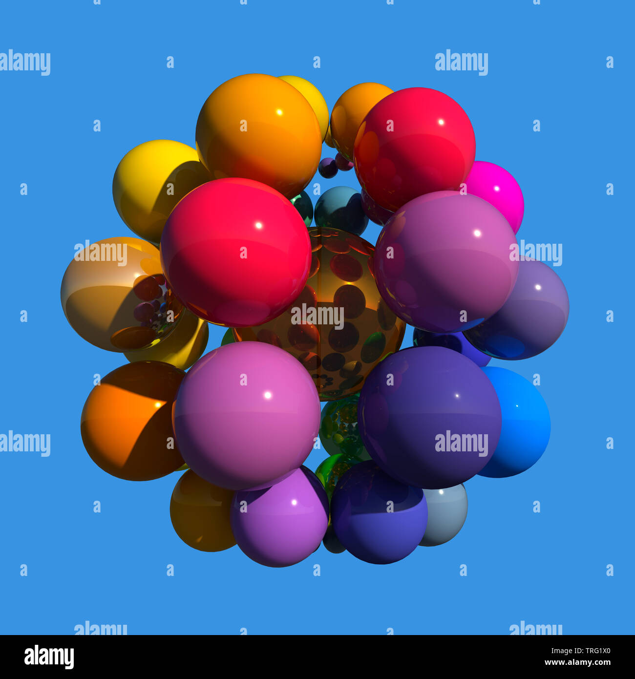 Flying UFO 3D illustration. Colorful cluster of various size balloon ...