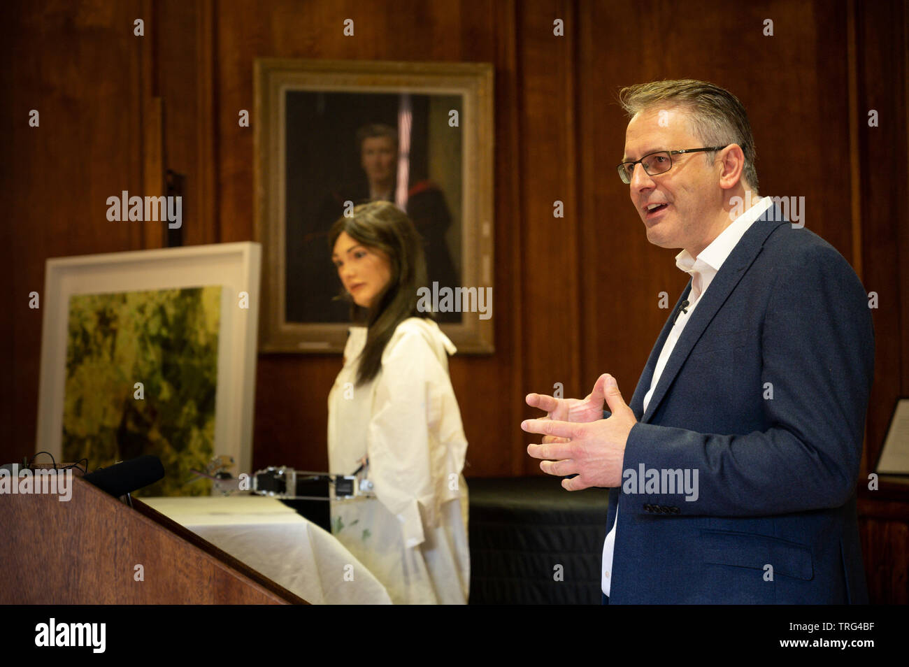 Oxford, UK. 5th June, 2019. The world's first robotic artist is ...