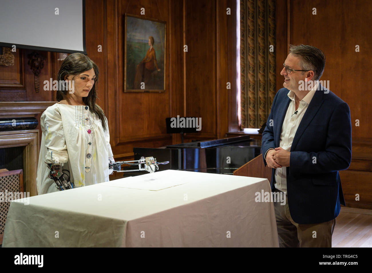 Oxford, UK. 5th June, 2019. The world's first robotic artist is ...