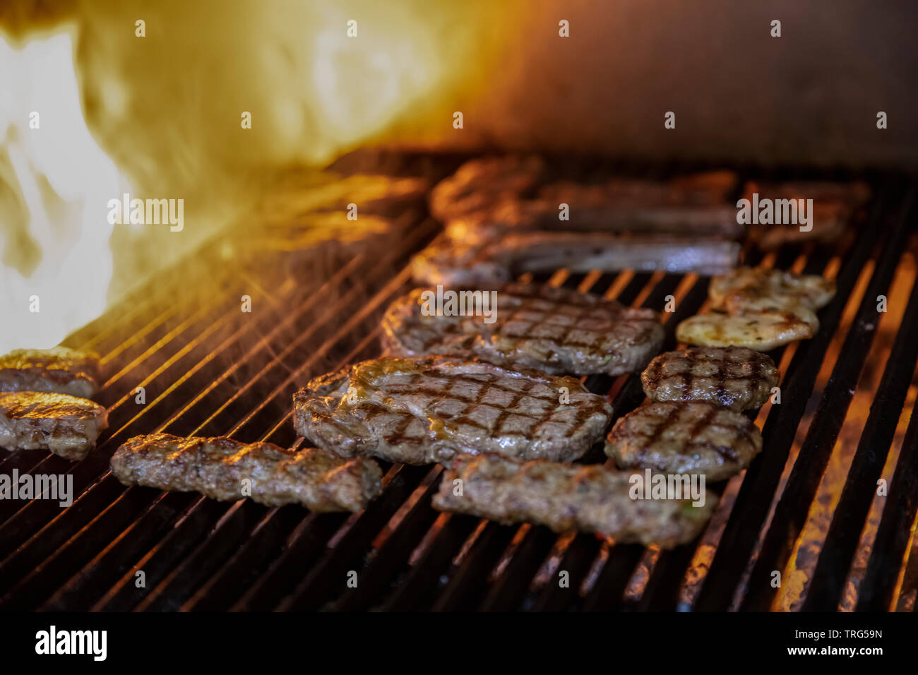 Top View Of Four Roasted Beef Kebabs Mixed, On Hot BBQ Charcoal Grill ...