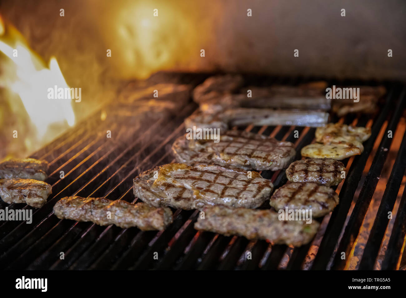 Top View Of Four Roasted Beef Kebabs Mixed, On Hot BBQ Charcoal Grill ...