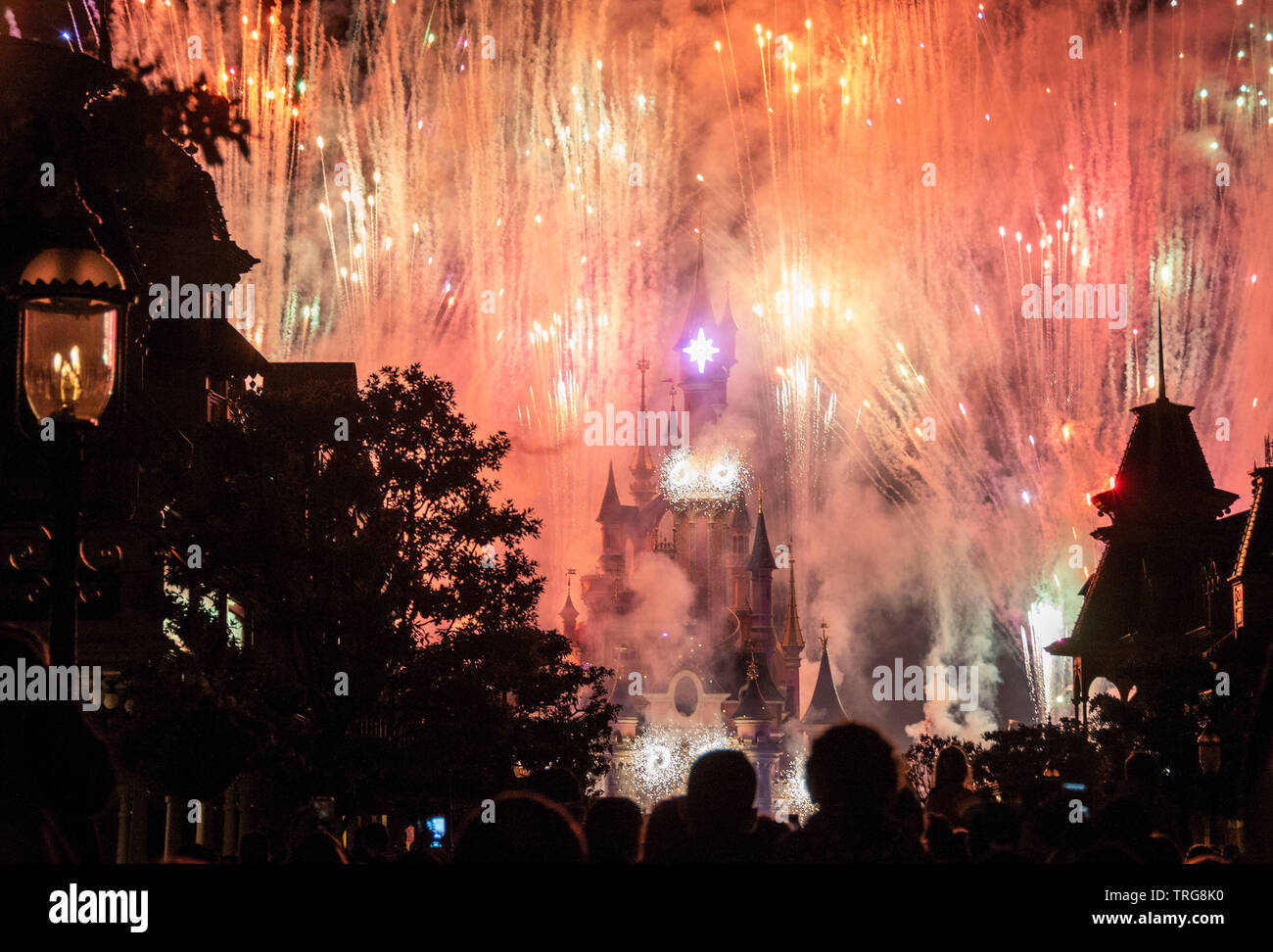 The spectacular nightly fireworks display at Disneyland Paris in France ...