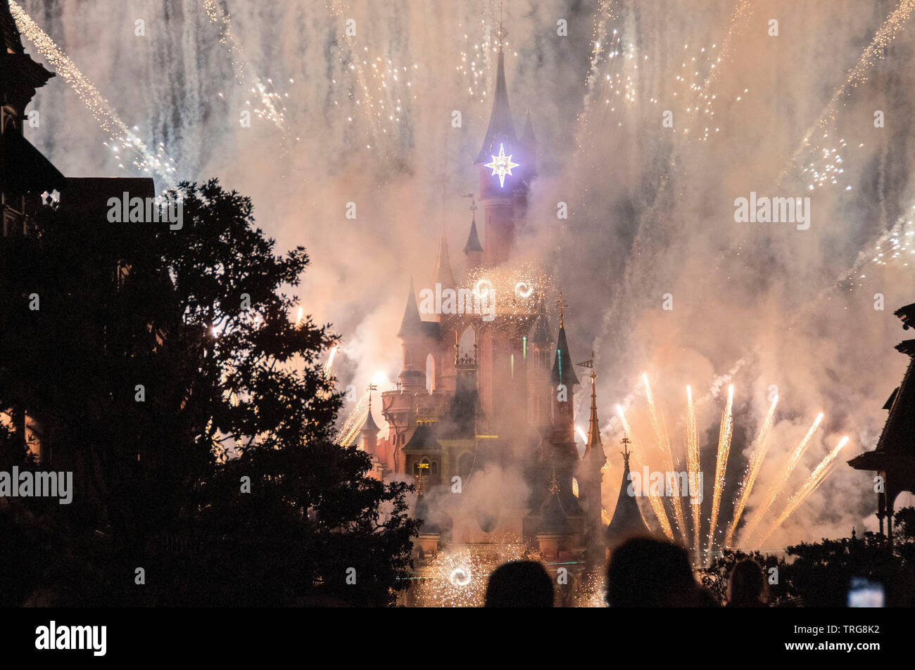 The spectacular nightly fireworks display at Disneyland Paris in France ...