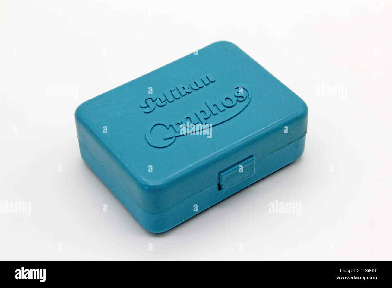 Blue vintage Pelikan fountain pen nibs box with logo engraved, isolated ...