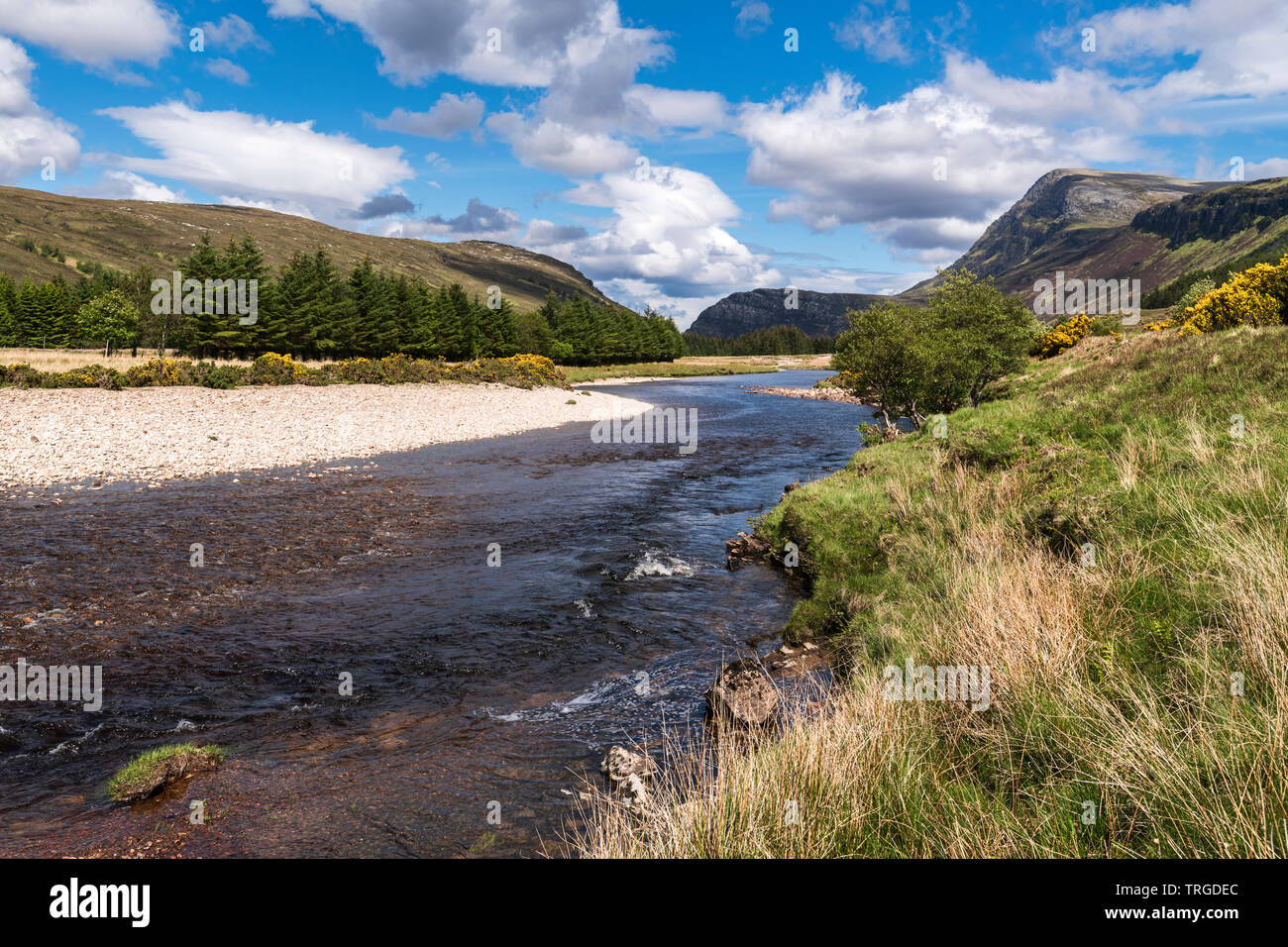 The Strathmore River flowing north along Strath More under the slopes ...
