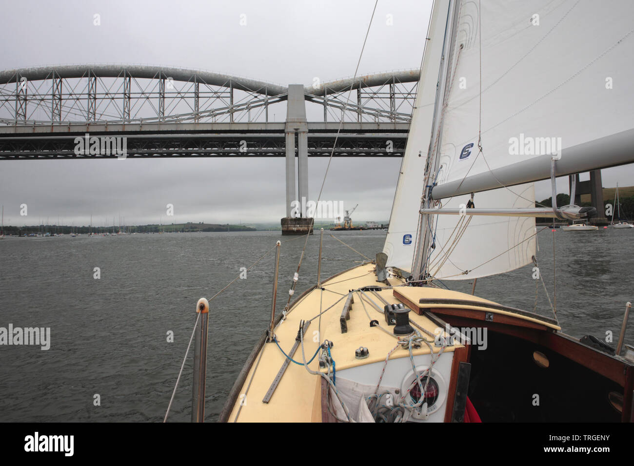 The Folkboat "Orzel" beating upstream towards the Royal Albert Bridge ...