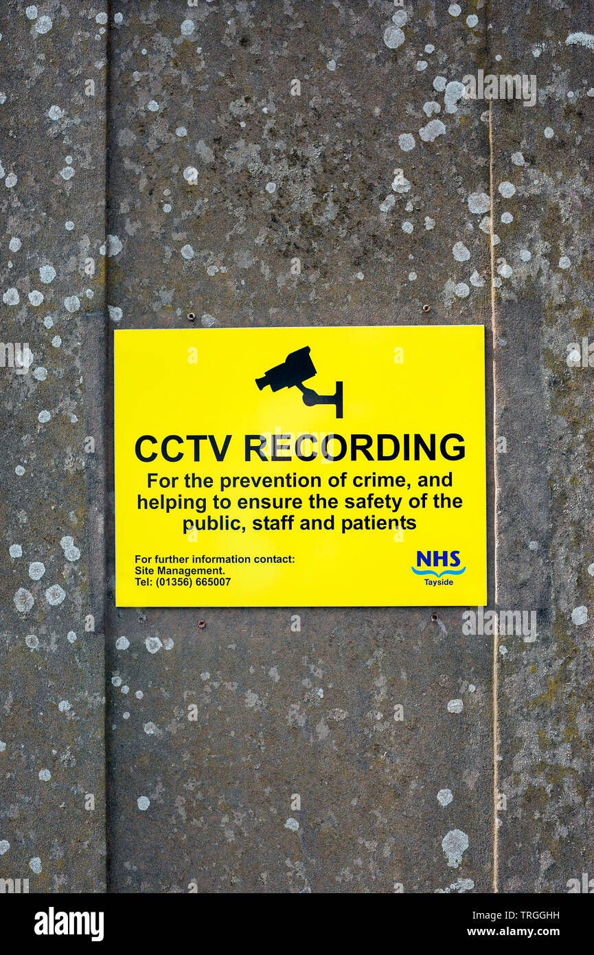 CCTV recording warning sign at the entrance of Stracathro Hospital ...