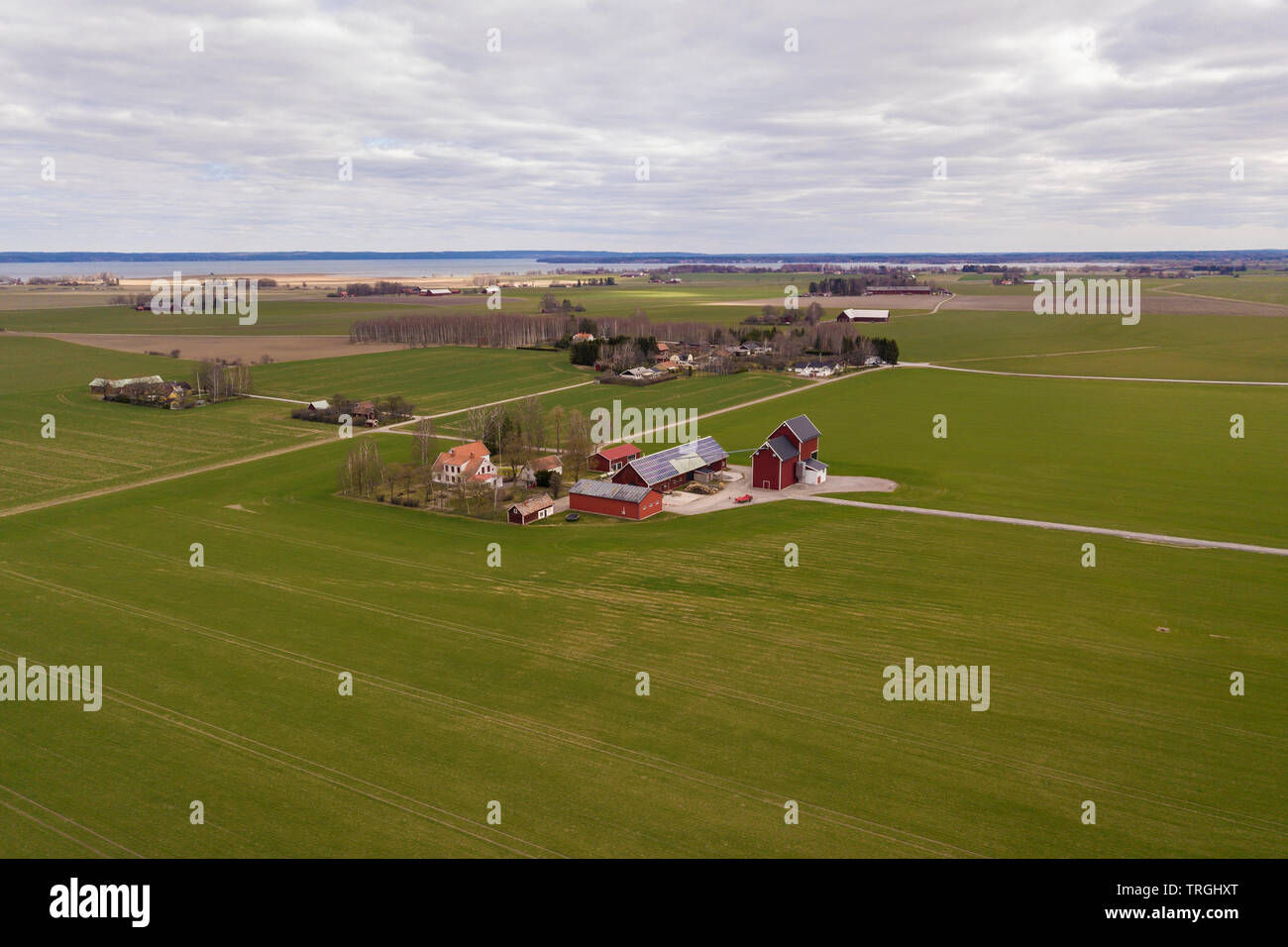 Top view of rural landscape on sunny spring day. Farm with solar photo ...