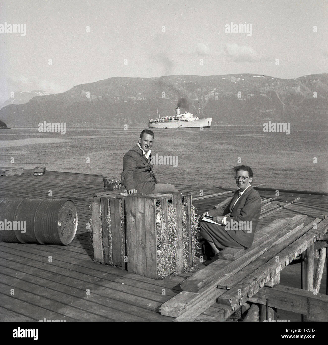 1950s, historical, two cruise passengers, a man and woman on the P & SS ...