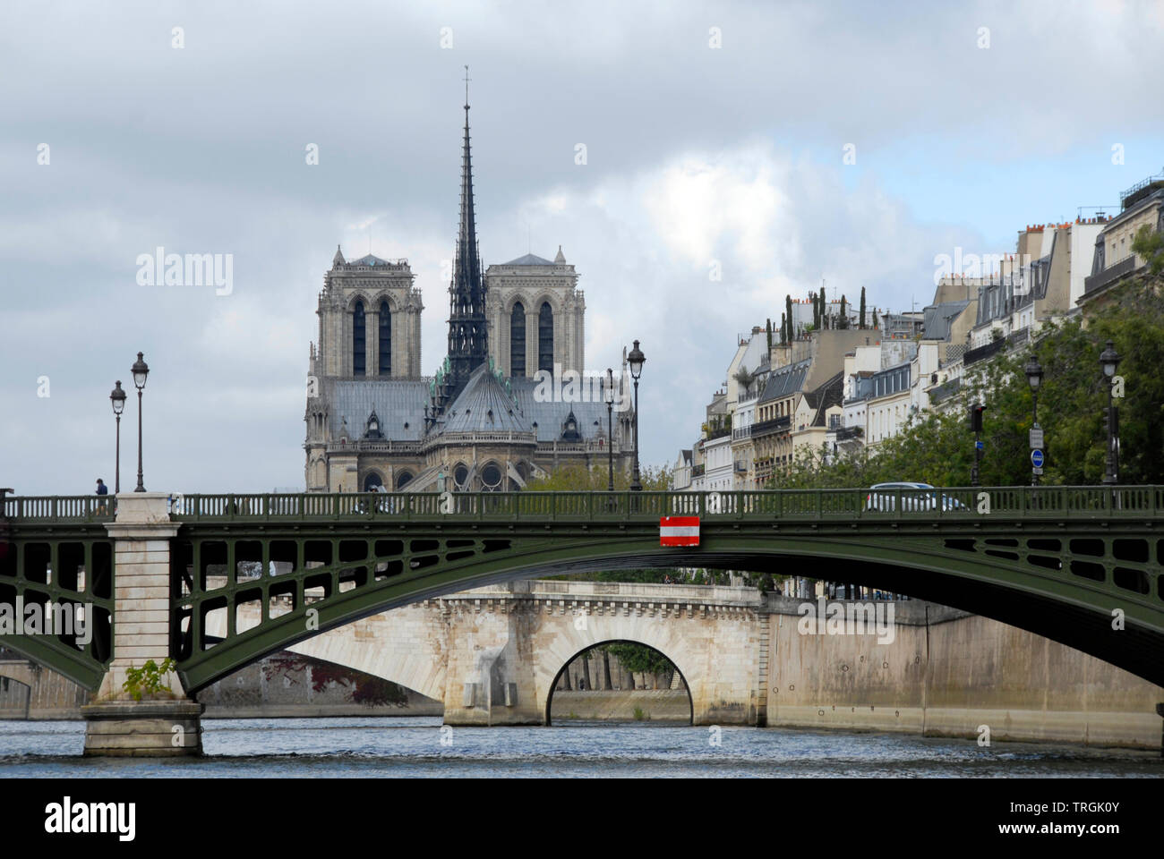 Rear of Notre Dame cathedral, Paris, France, seen from the river Seine ...