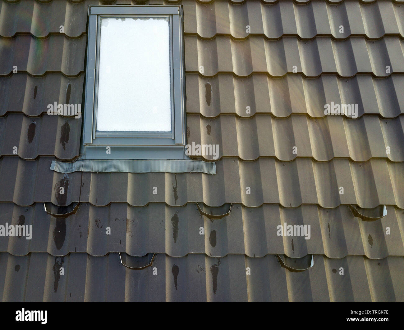 Close-up of new attic plastic window installed in shingled house roof ...
