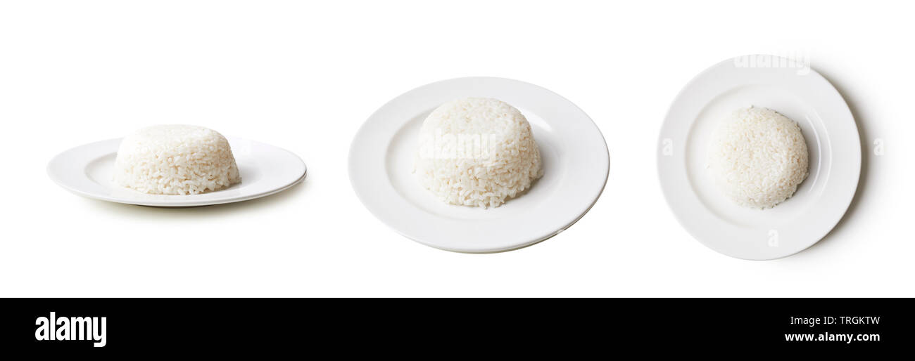 steamed white rice isolated on white backgrround. three types of view ...