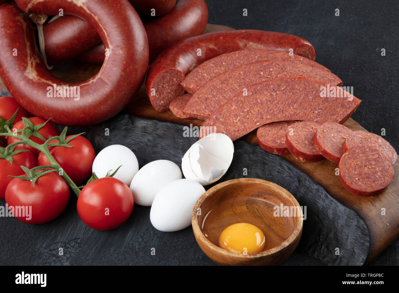Sausage ( Turkish Sucuk ) concept photo. Turkish cuisine sausage ; eggs ...