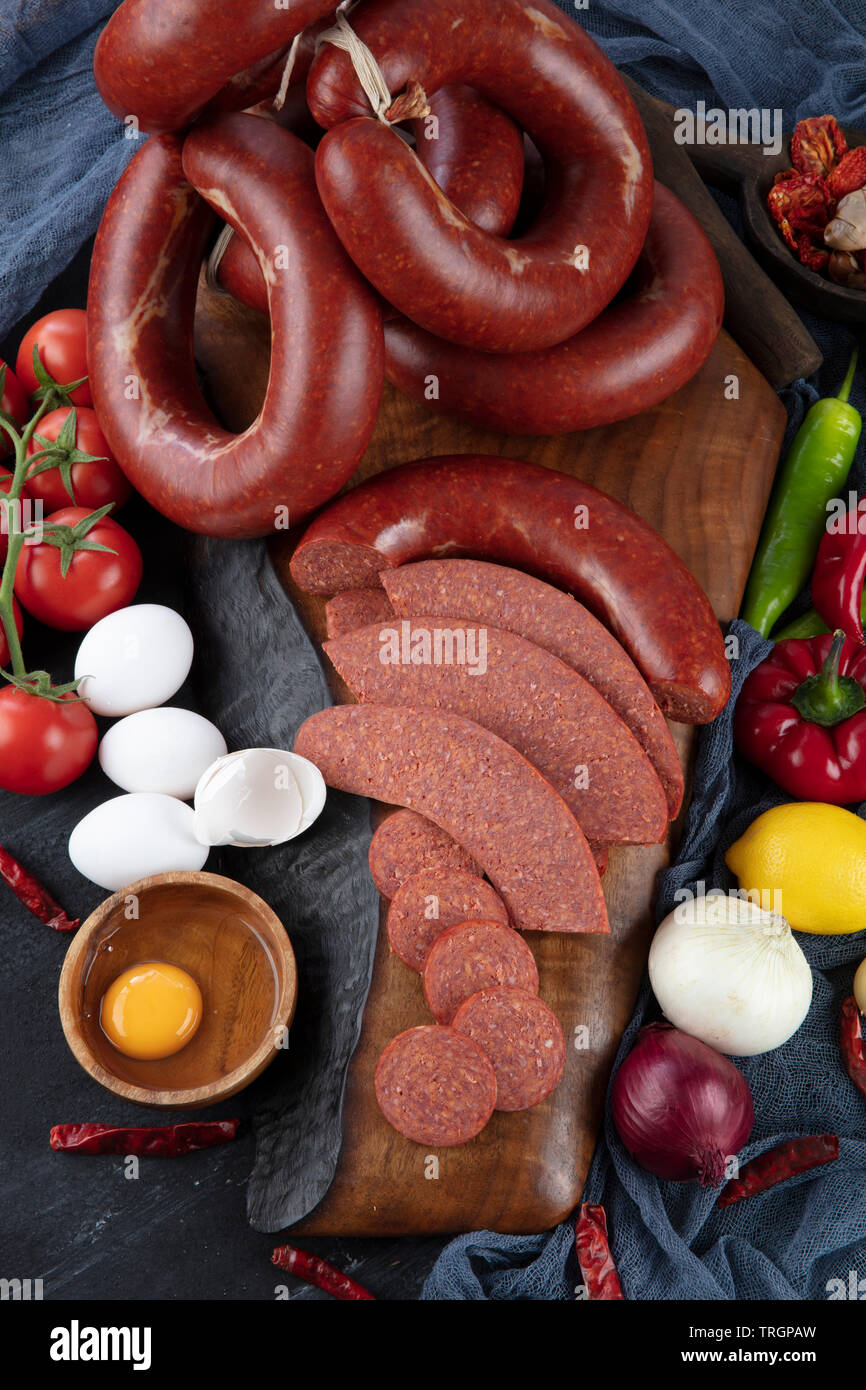 Sausage ( Turkish Sucuk ) concept photo. Turkish cuisine sausage ; eggs ...