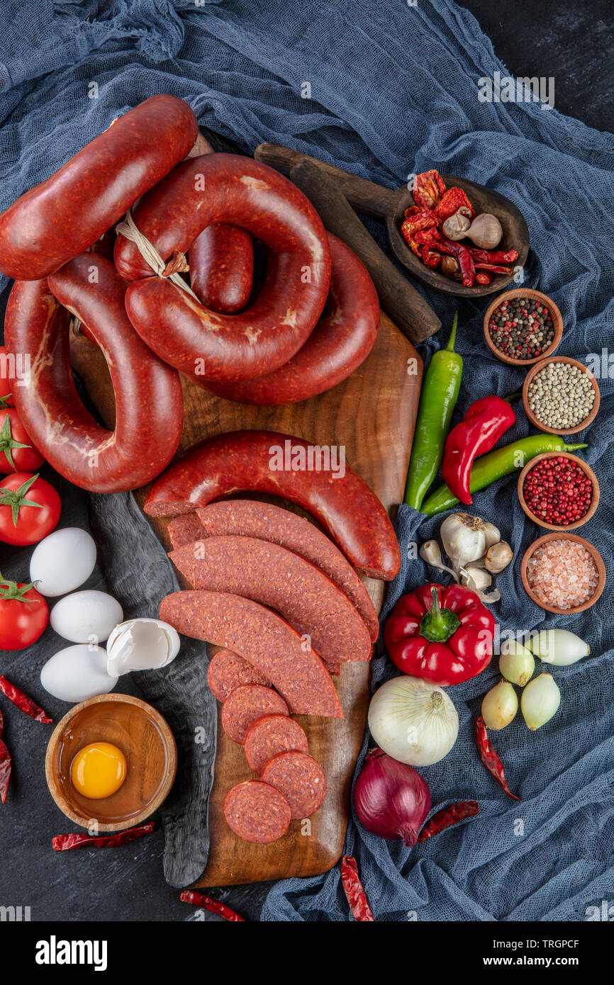 Sausage ( Turkish Sucuk ) concept photo. Turkish cuisine sausage ; eggs ...