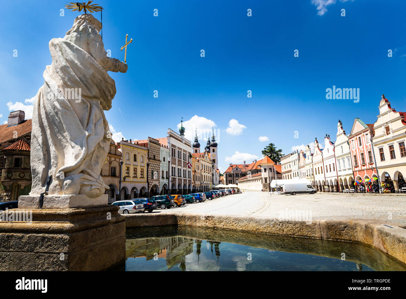 Main square of Telc city, a UNESCO World Heritage Site, on a sunny day ...