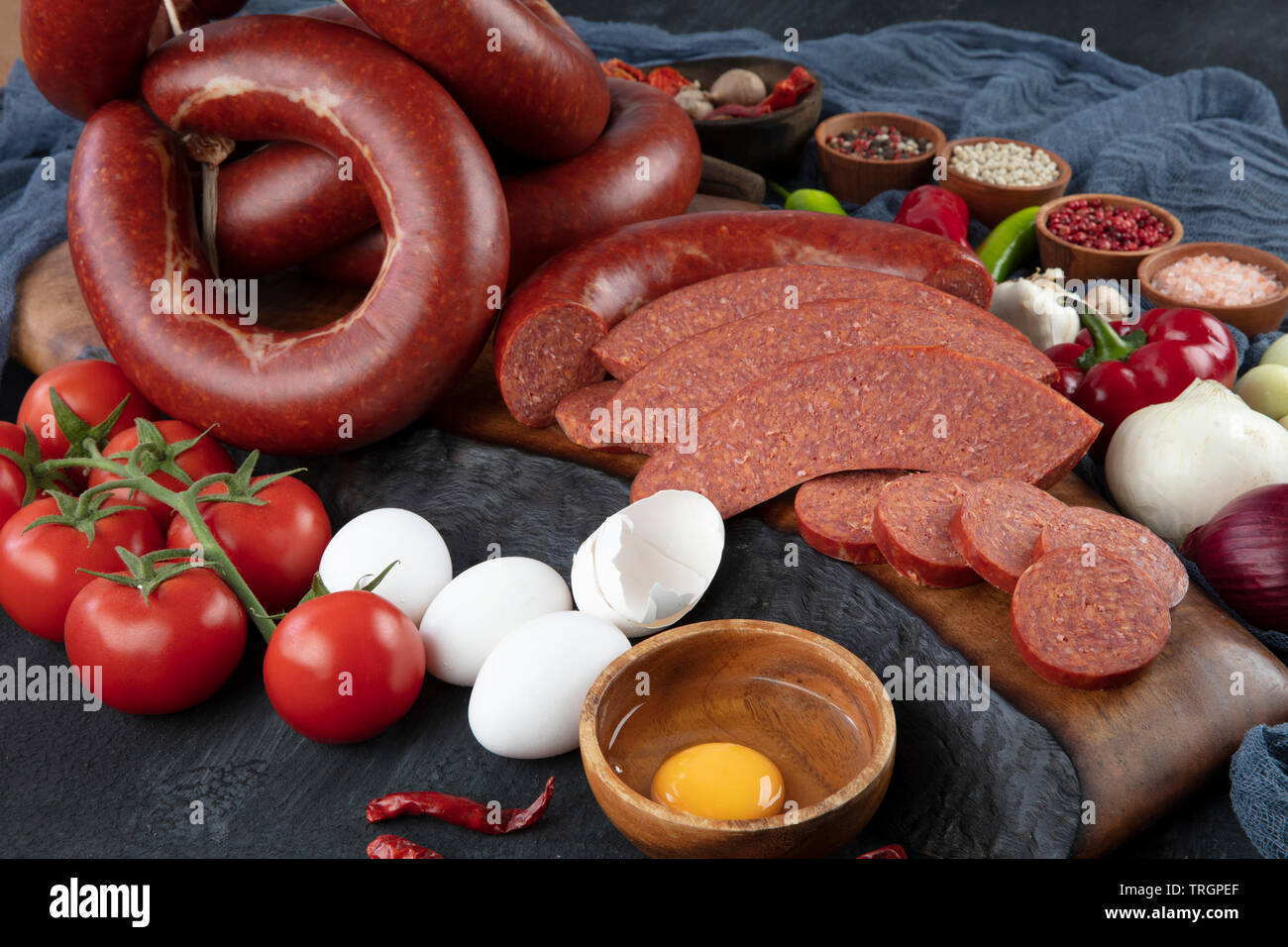 Sausage ( Turkish Sucuk ) concept photo. Turkish cuisine sausage ; eggs ...