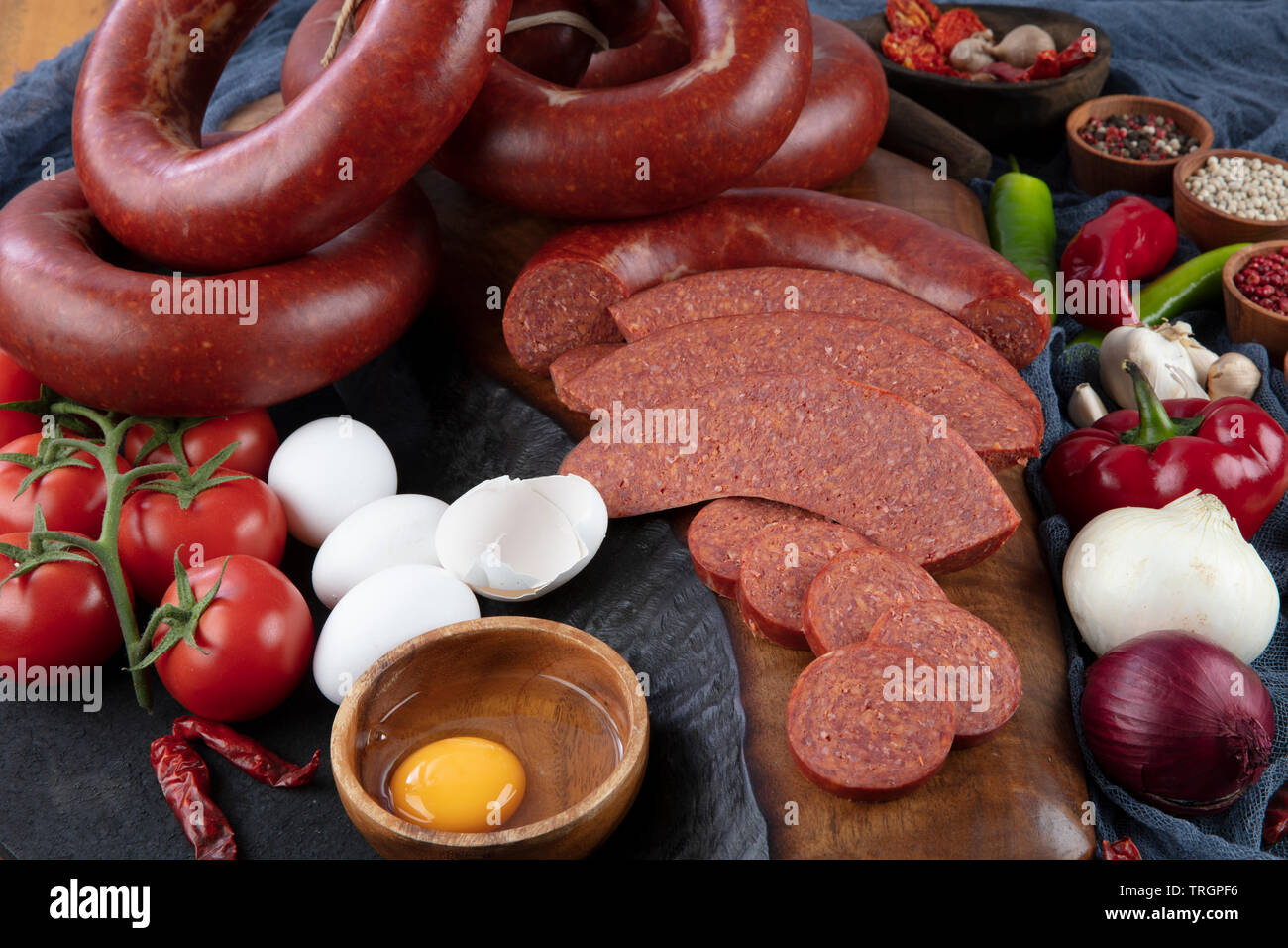 Sausage ( Turkish Sucuk ) concept photo. Turkish cuisine sausage ; eggs ...