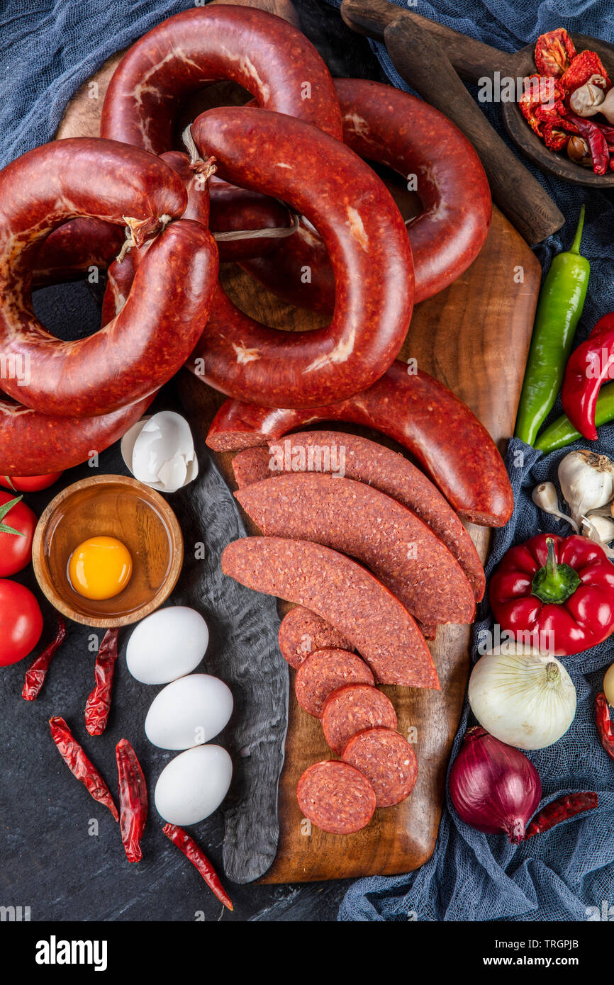 Sausage ( Turkish Sucuk ) concept photo. Turkish cuisine sausage ; eggs ...