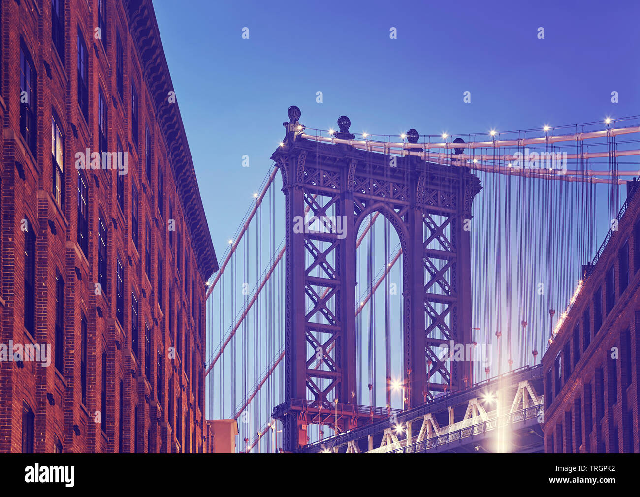 Manhattan Bridge seen from Dumbo at dusk, color toning applied, New ...