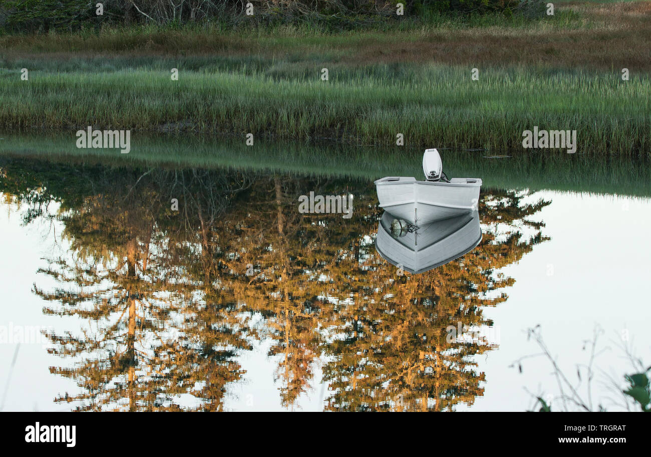 A small motor boat in a lake has a reflection that looks like it is ...