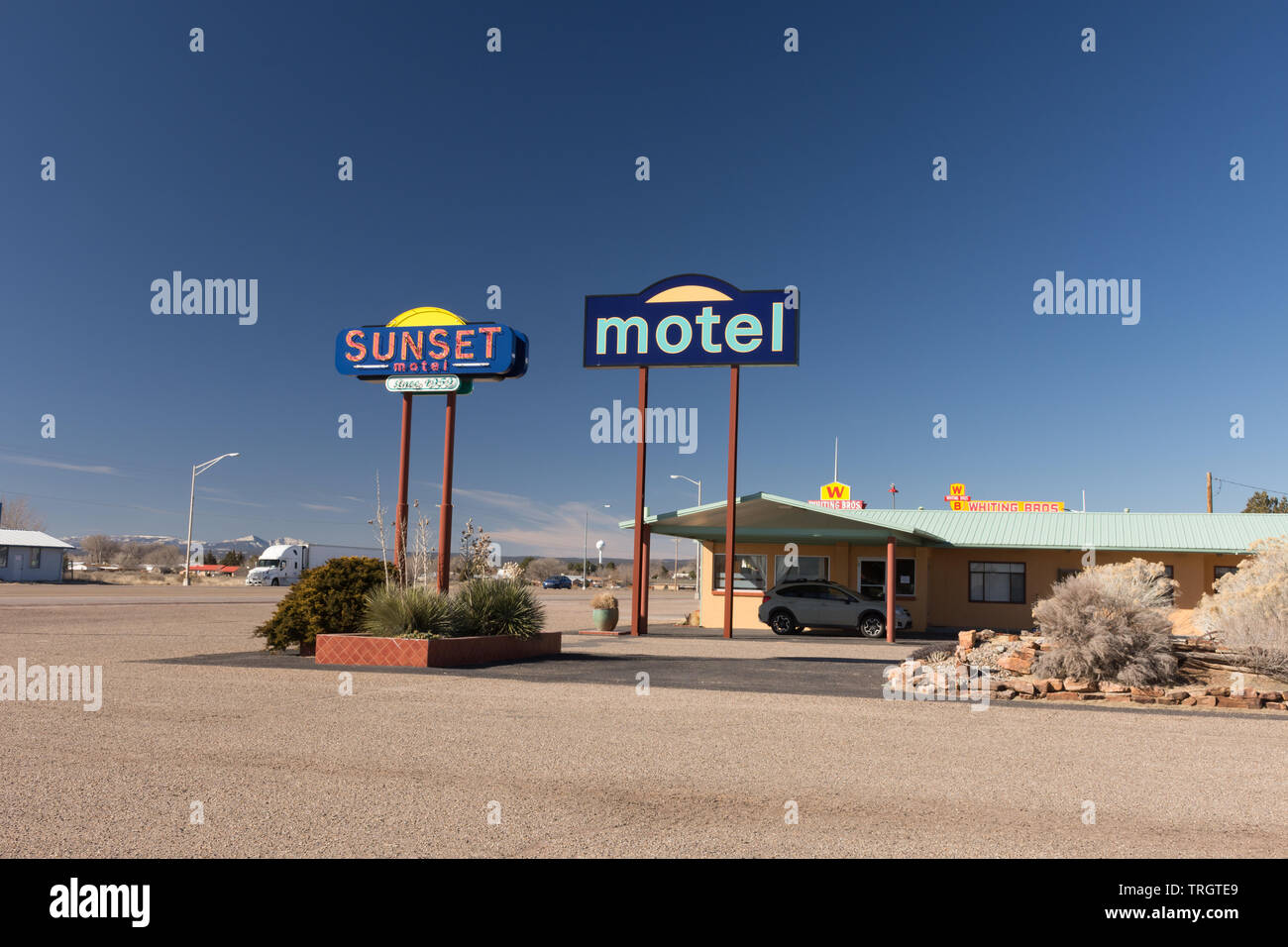 Moriarity, New Mexico - February 2, 2019: Colorful signs of the sunset ...