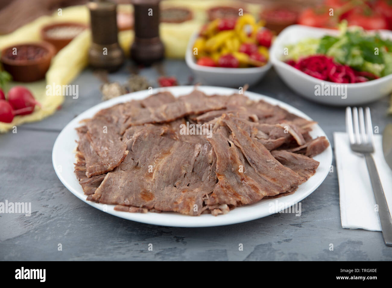 Turkish Doner Kebab on plate. Arabic traditional doner with pita bread ...