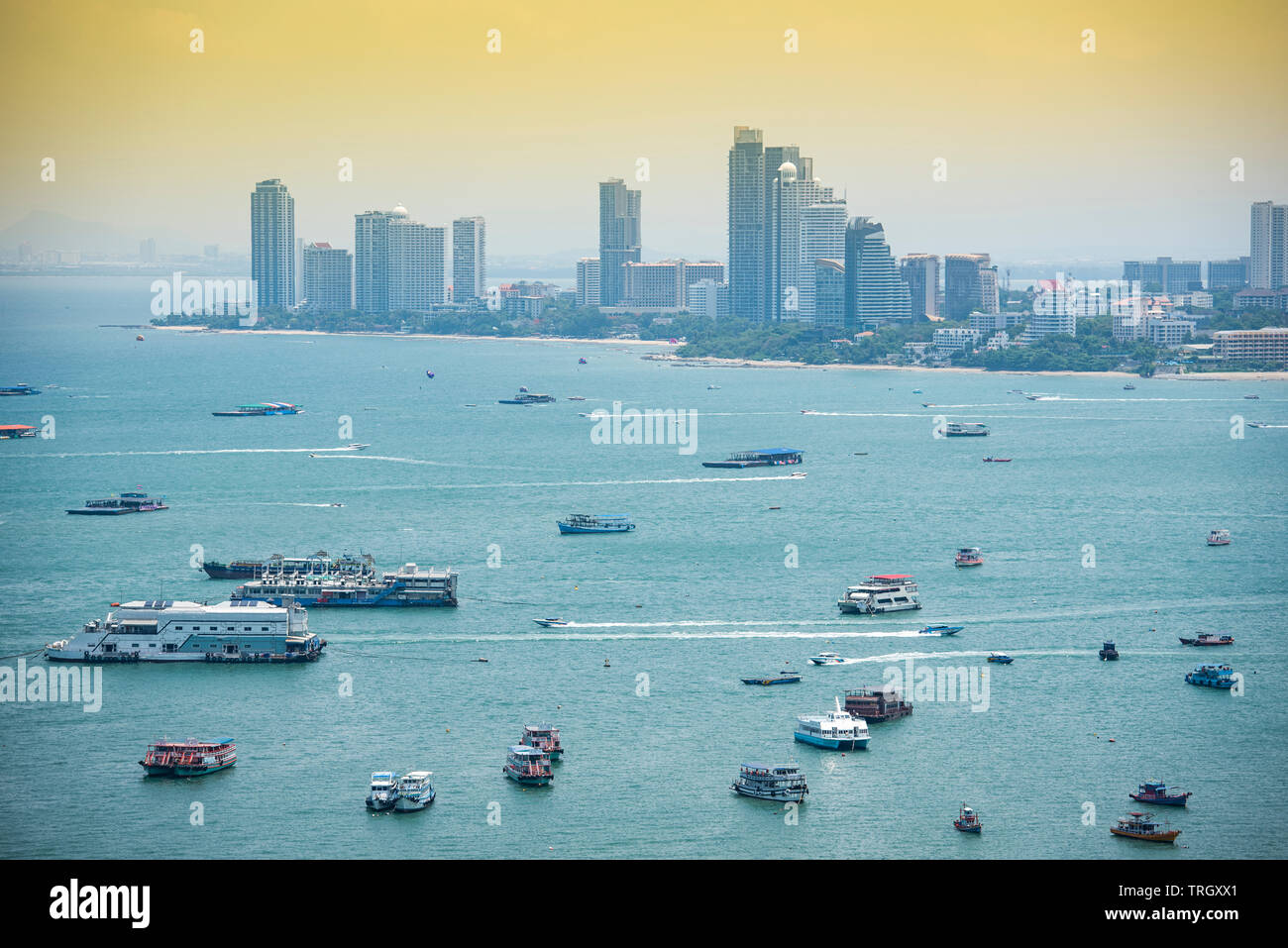 Bay area sea with ferry boat and tourist travel view building ...