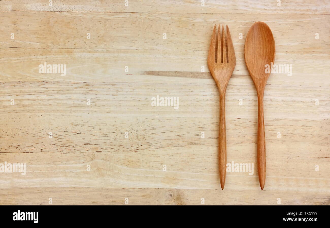 top view wooden spoon,fork on wood background ,copy space Stock Photo ...