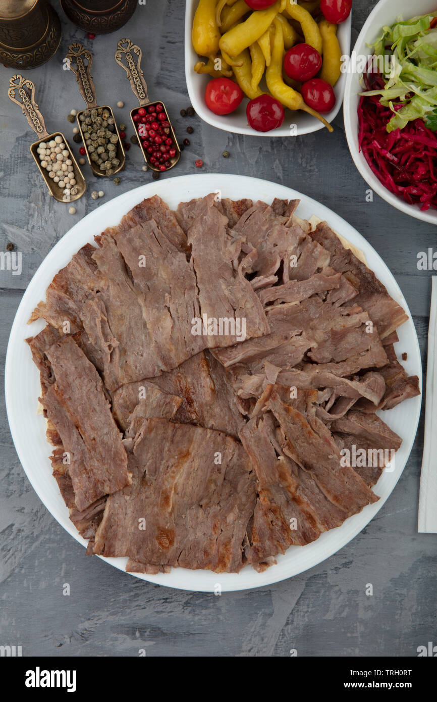 Turkish Doner Kebab on plate. Arabic traditional doner with pita bread ...