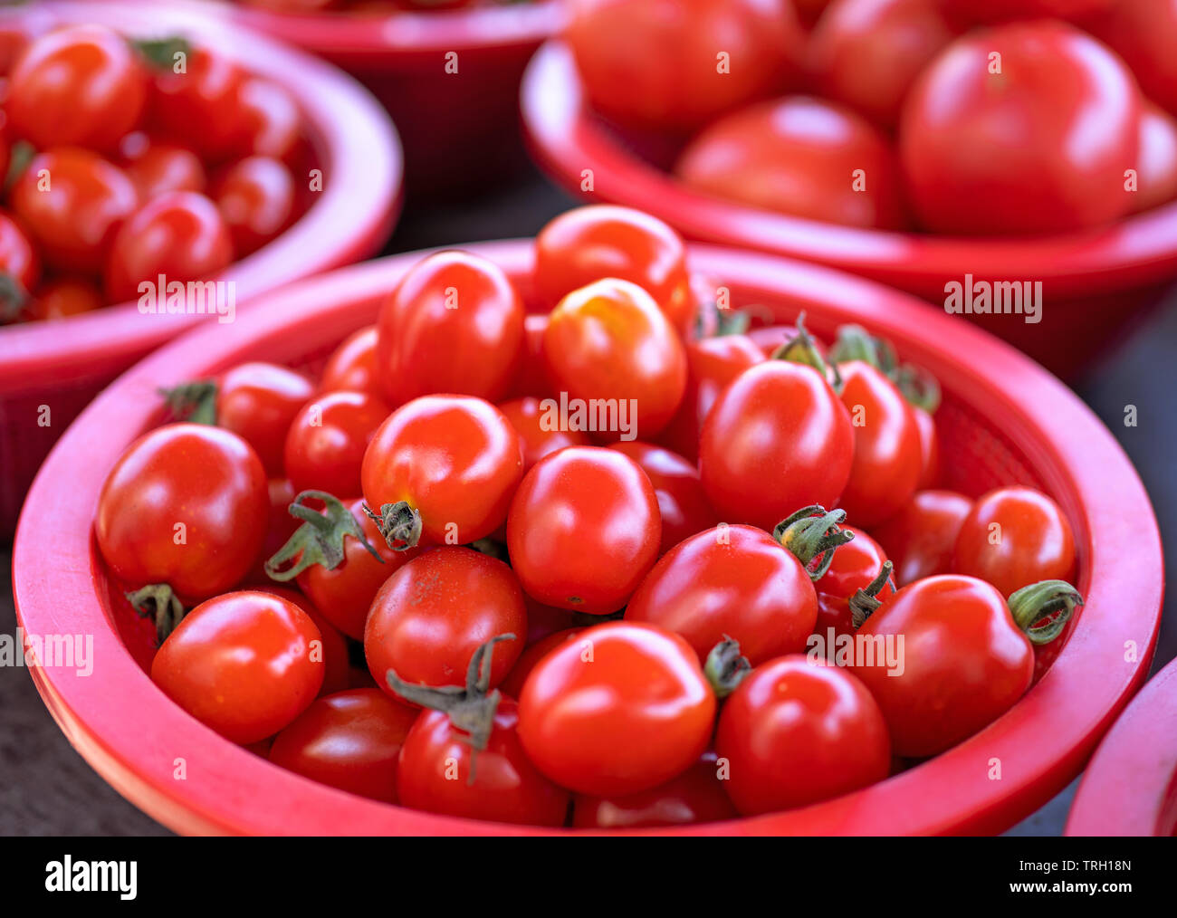 Delicious fresh tomatoes fruit vegetable food in red plastic basket at ...
