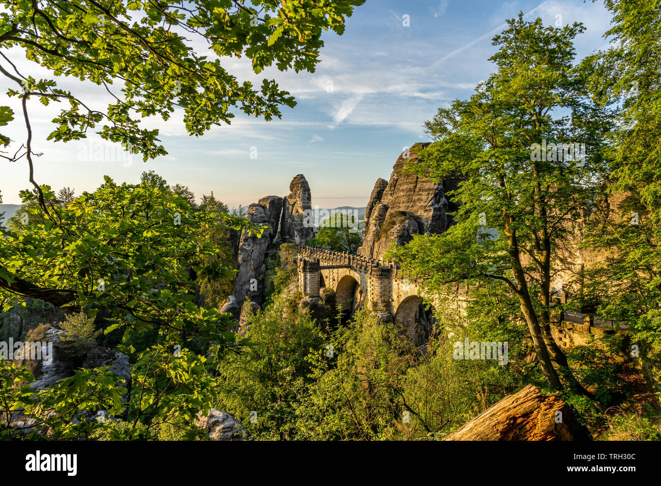 view on the bastion bridge at sunrise in saxon switzerland, germany ...