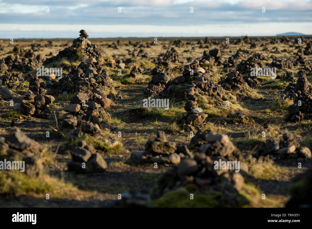 Traditional cairns made of stones on a lava ridge, Laufskalavarda ...