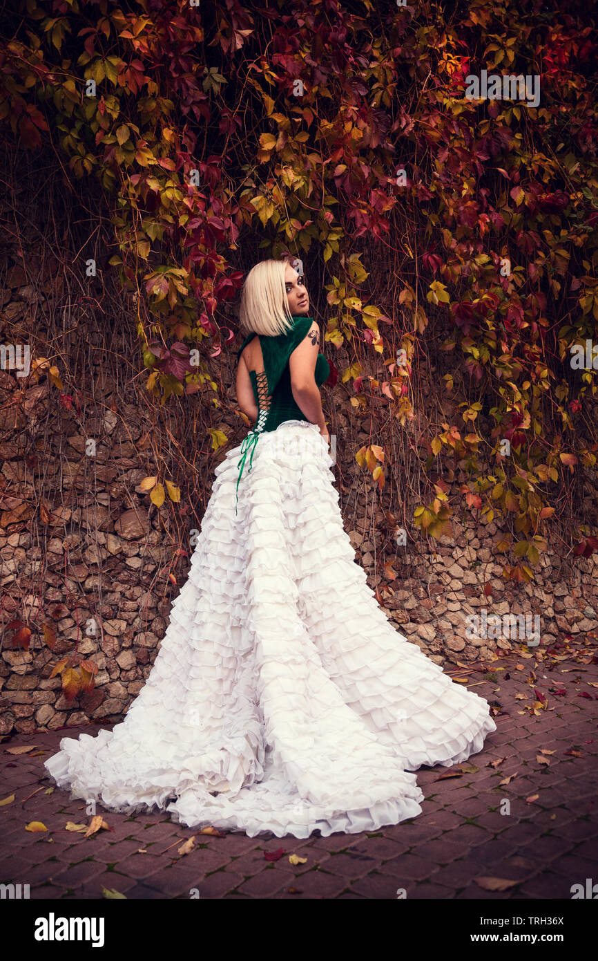 A woman like a princess in an vintage dress in fairy park. Mysterious ...