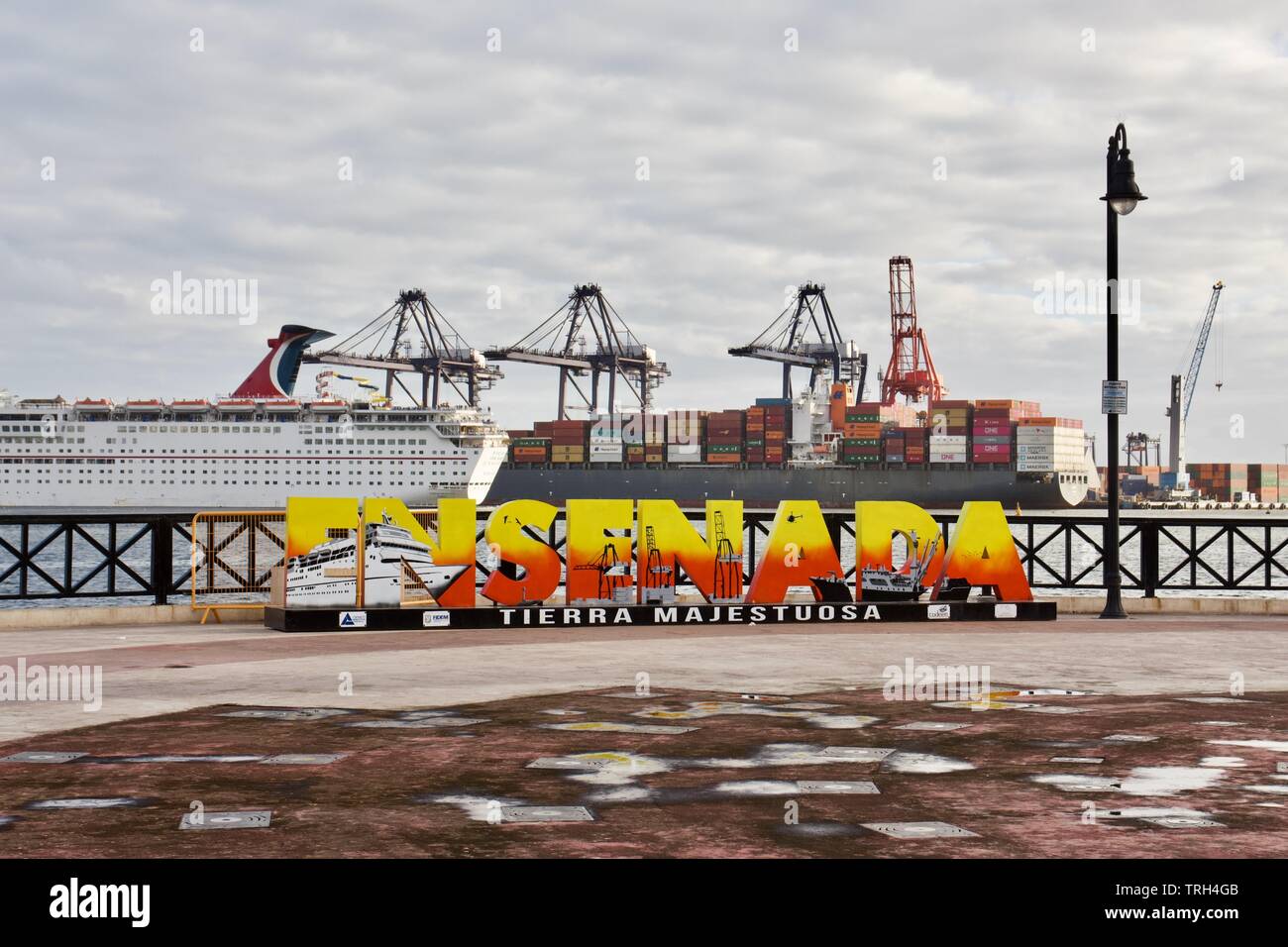 Sign for the town of Ensenada at the port of Ensenada, Baja California ...