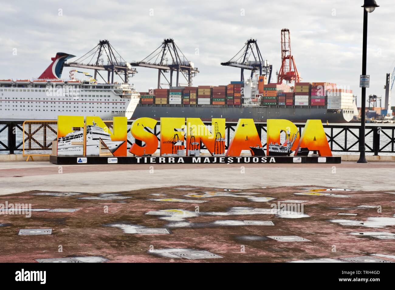 Sign for the town of Ensenada at the port of Ensenada, Baja California ...