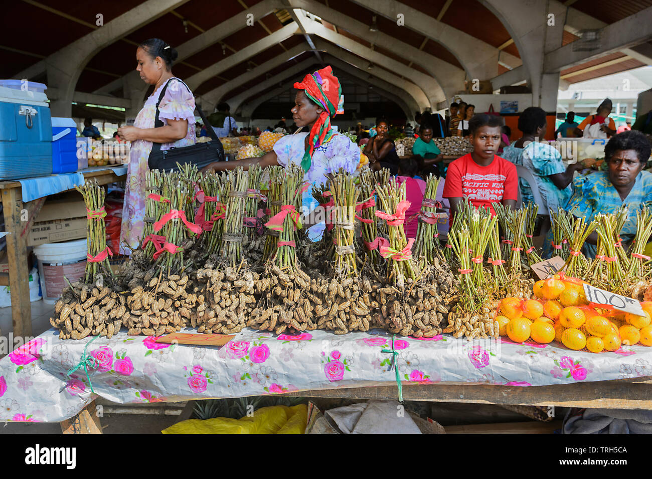 Market stall selling peanuts at Port Vila market, Efate Island, Vanuatu ...