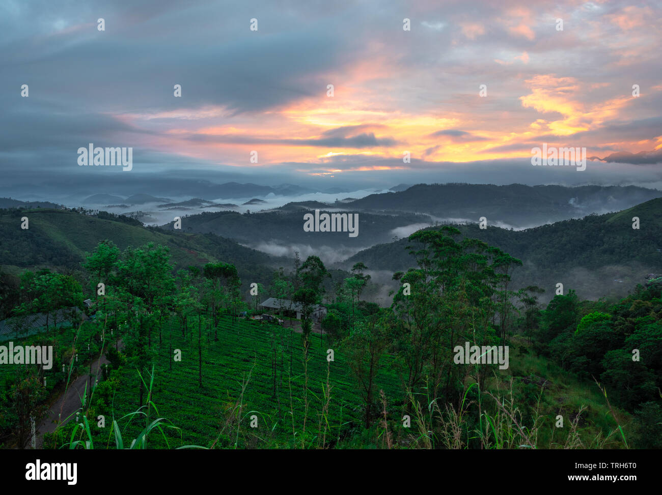 Sunrise from hilltop with low clouds and orange light of sun. Image ...