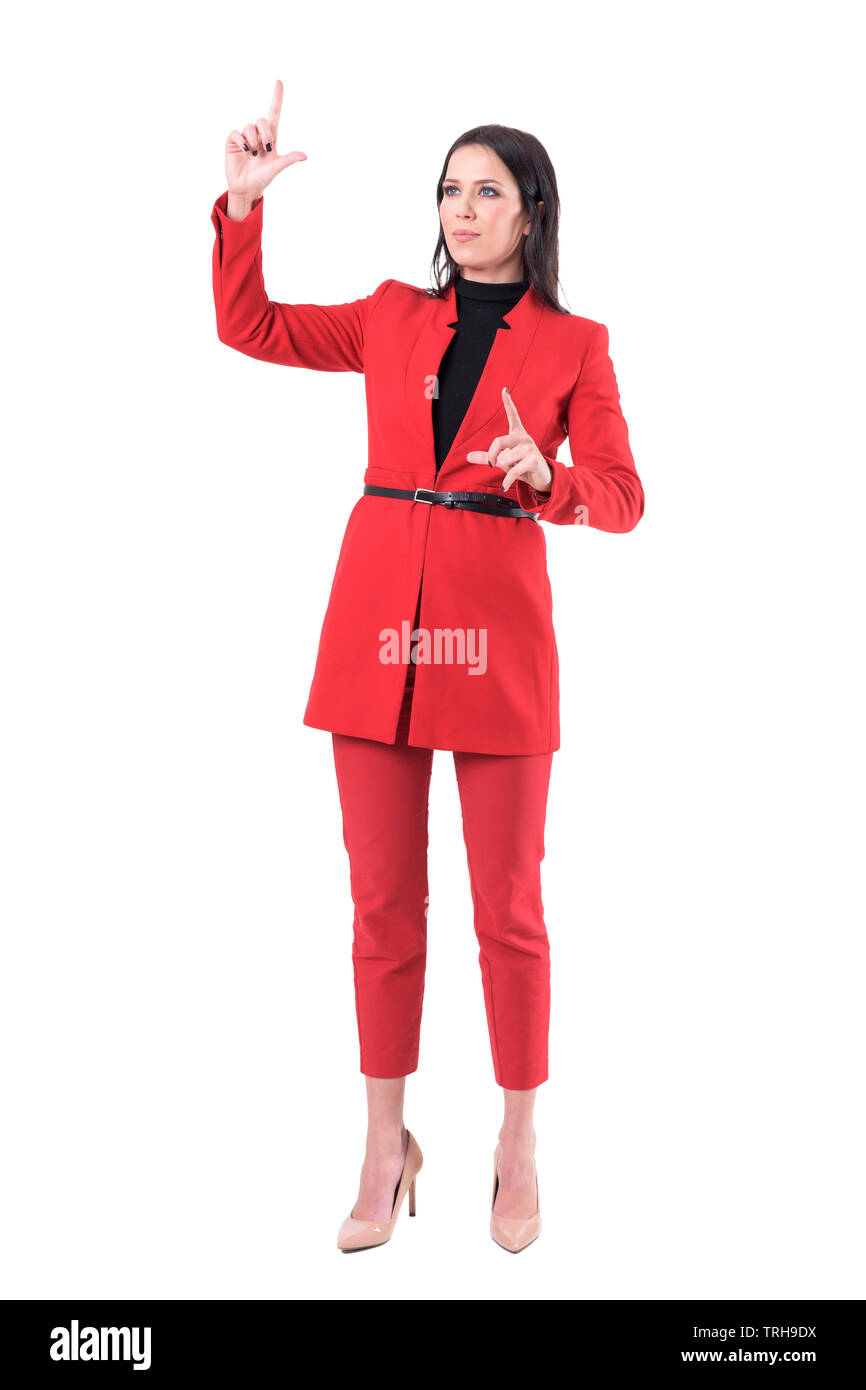 Confident business woman using virtual reality touch screen simulator ...