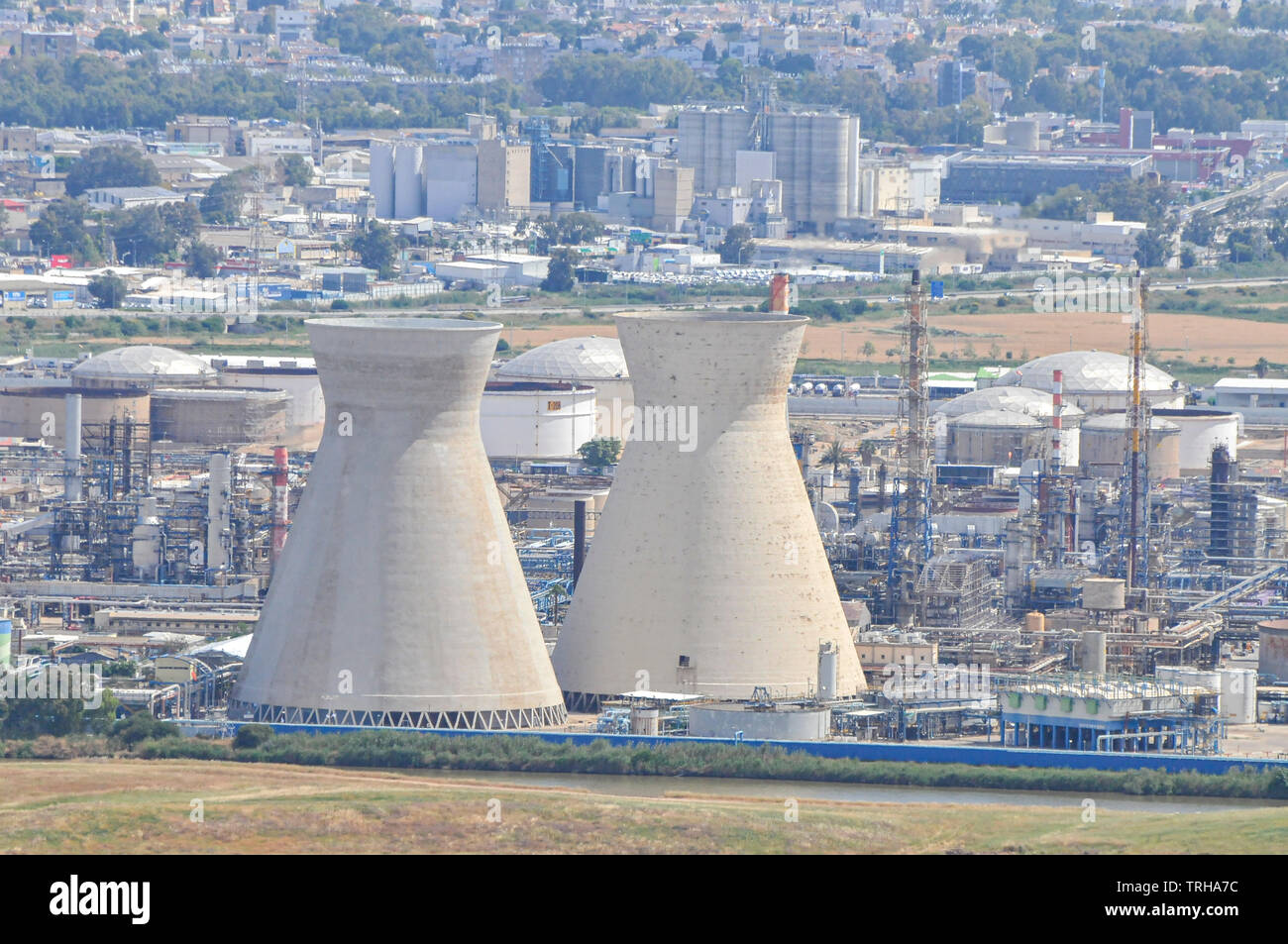 Israel, Haifa bay the cooling towers of the oil refinery Stock Photo ...