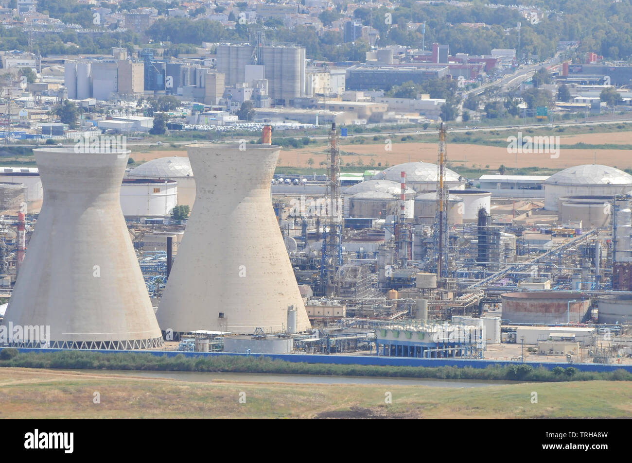Israel, Haifa bay the cooling towers of the oil refinery Stock Photo ...