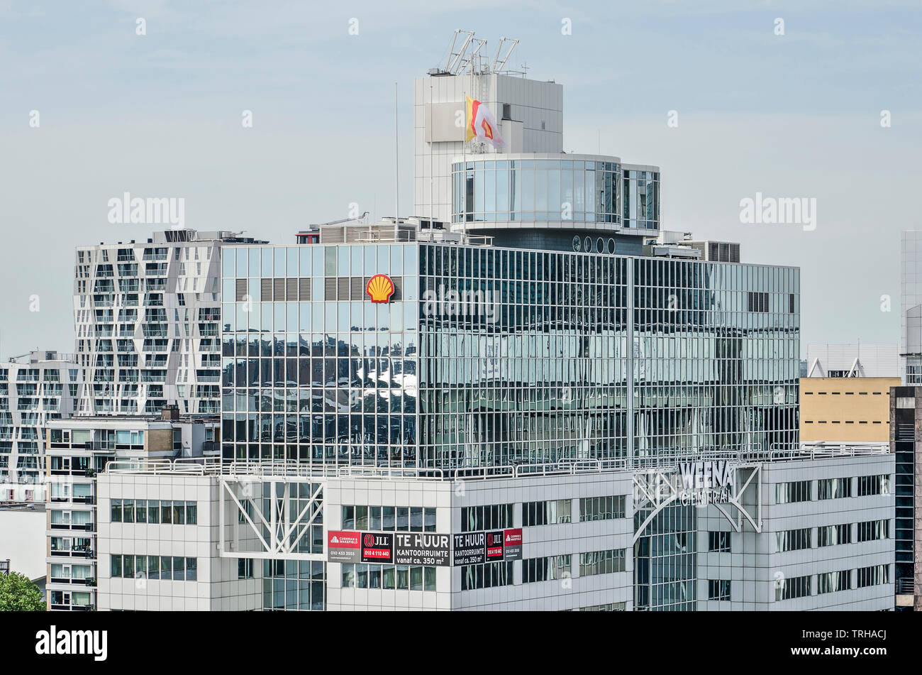 Rotterdam, The Netherlands, June 2, 2019: mirror glass on the upper ...