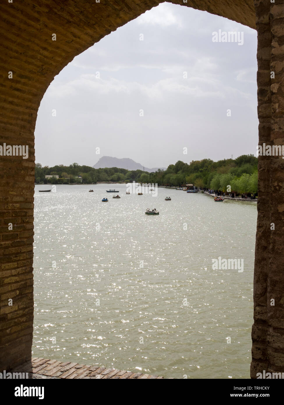 A view of paddle boats from the Siosepol Bridge, built in 1599, is the ...