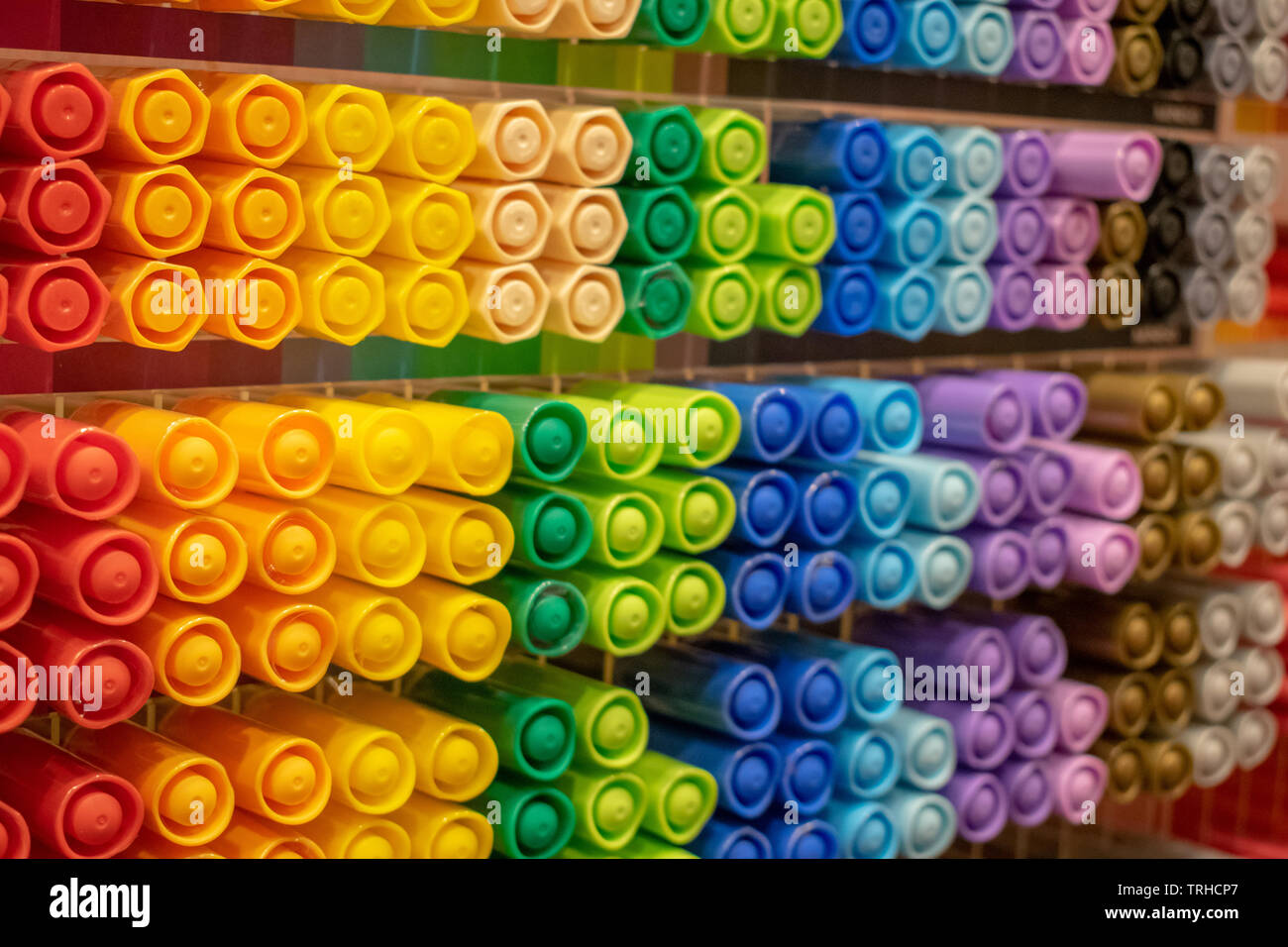 This photo shows a showcase with markers. The photo is suitable for ...