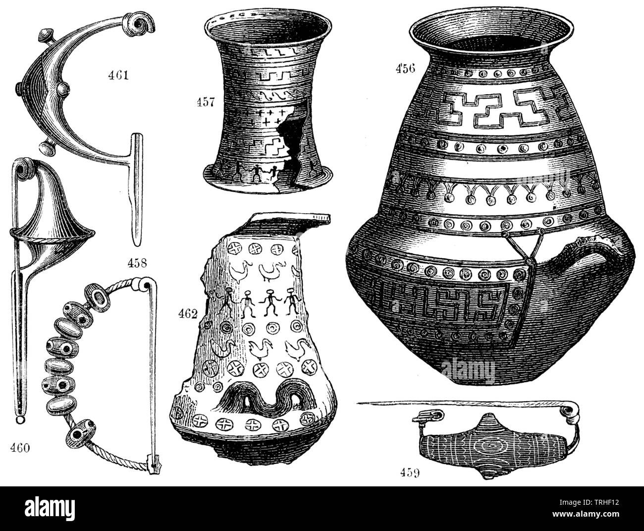 Found in Villanova. 456) Ossuary, 457) Cup-shaped vessel, 458-461) Robe ...