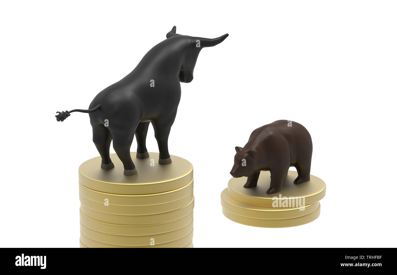 bull and bear on small gold coins stack a symbol of the stock market ...