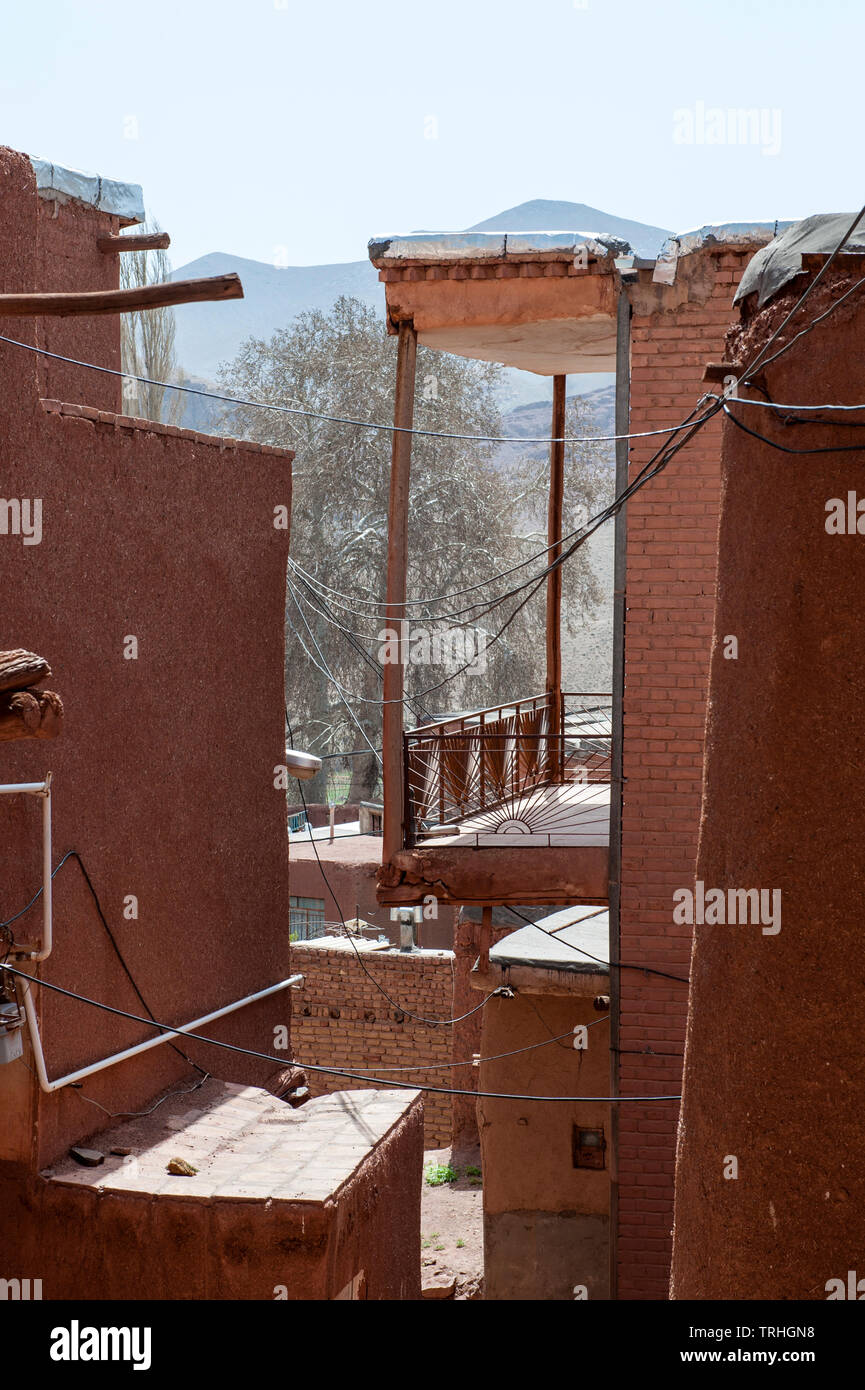 A balcony on a traditional mud brick house in Abyaneh, Iran. The town ...
